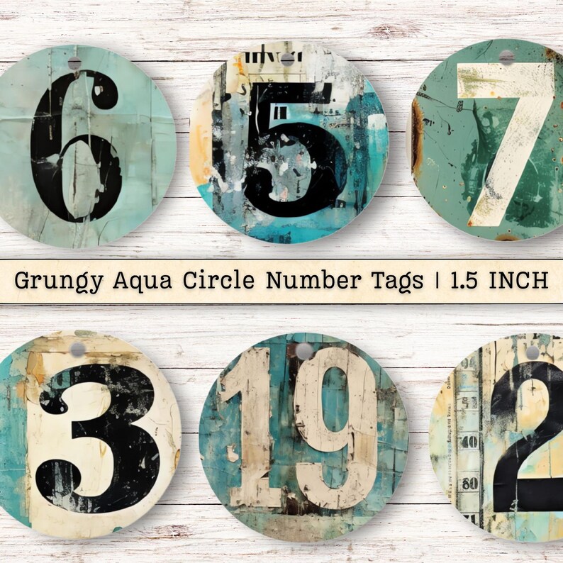 Grungy Aqua Number Circle Tags Clipart, Texture Fussy Cuts JPG Instant ...