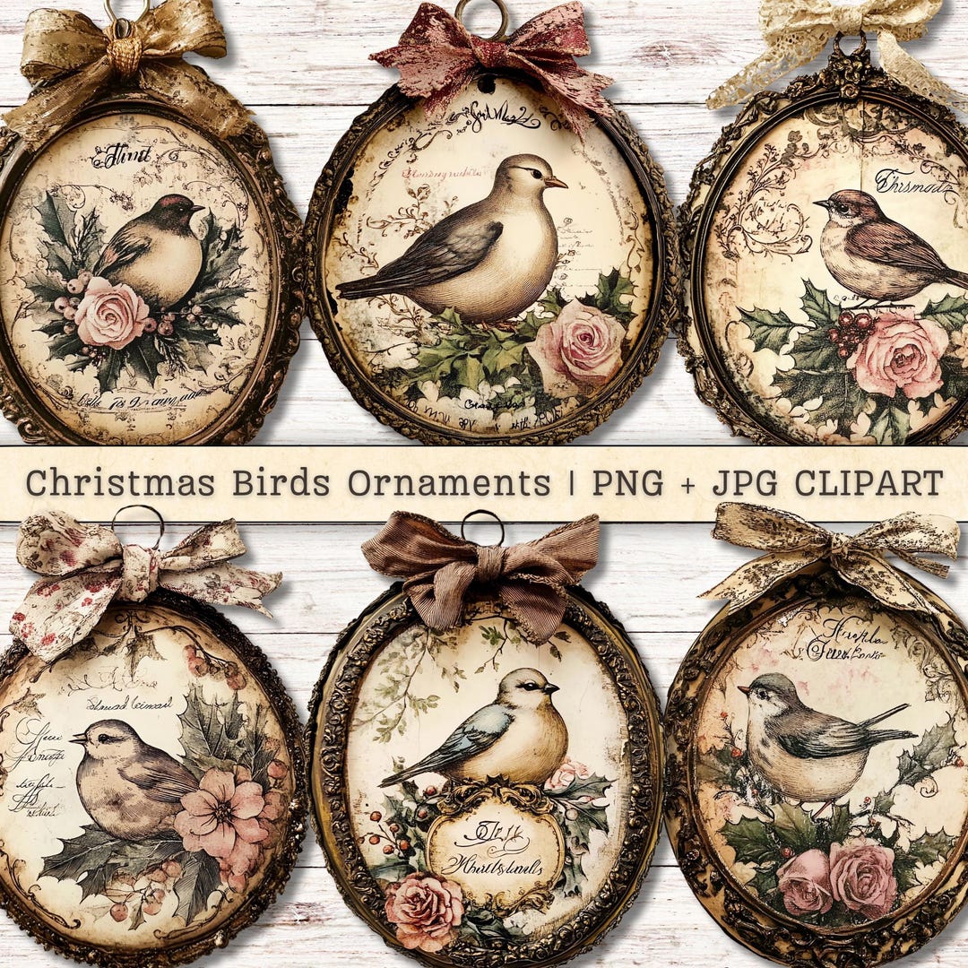 Christmas Bird Ornaments Clip Art, Vintage Shabby Chic Collage ...