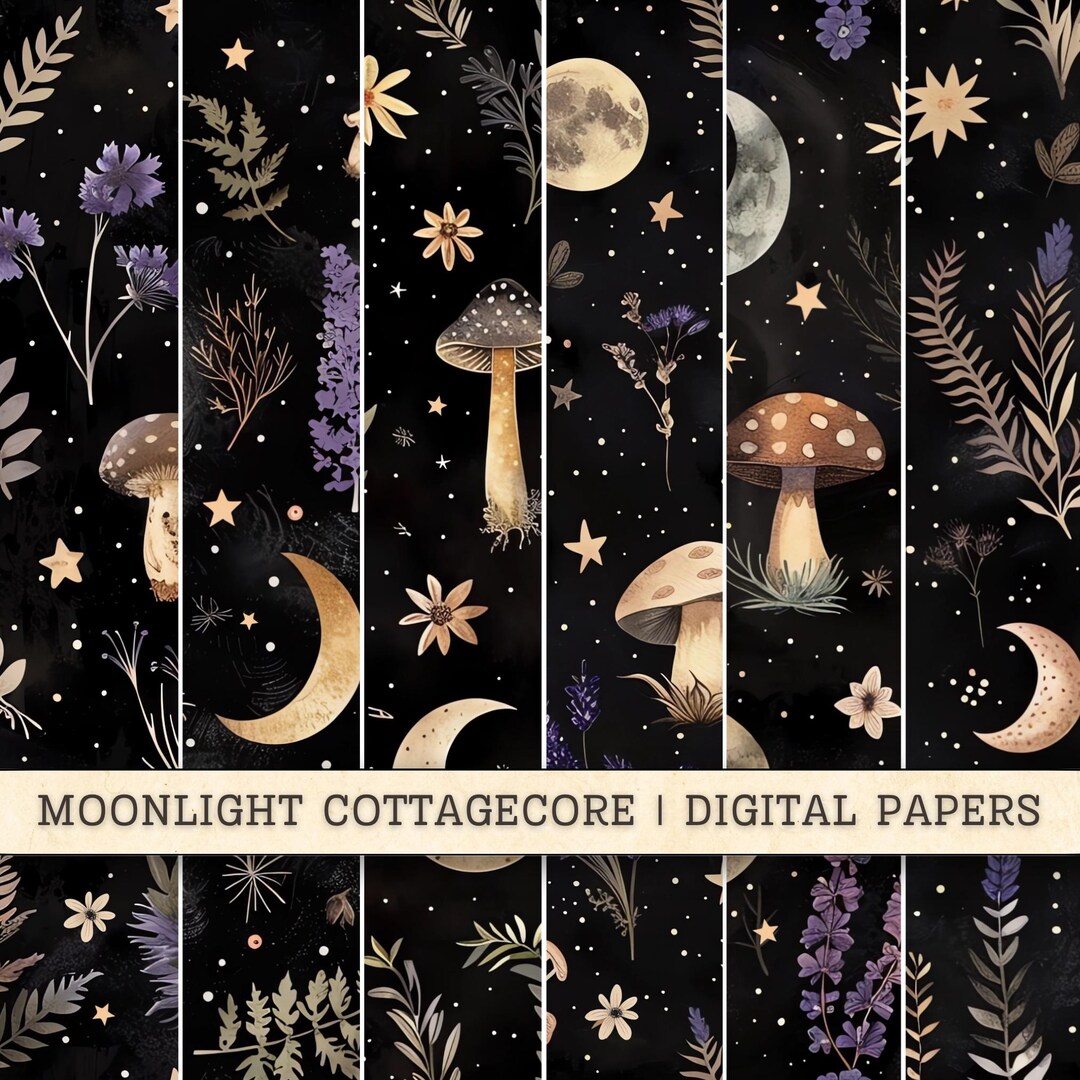 Moonlight Cottagecore Digital Paper, Dark Vintage Clipart, Ephemera ...