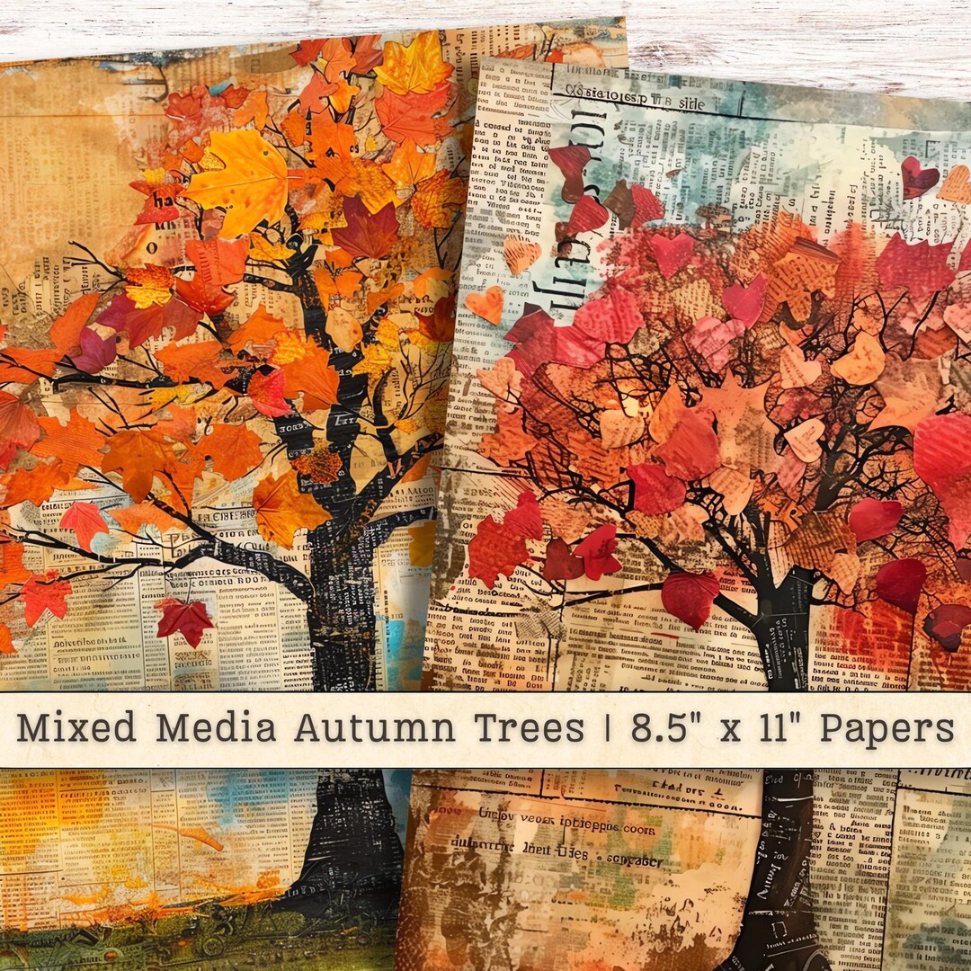 Mixed Media Autumn Trees Fall Clipart Digital Paper, Halloween JPG ...