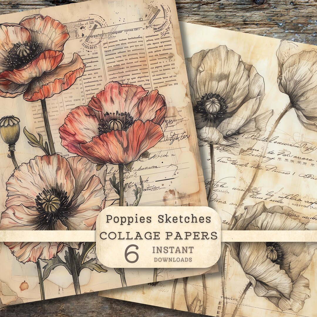 Grunge Poppies Sketches Collage Paper, Antique Vintage Clipart, Neutral ...