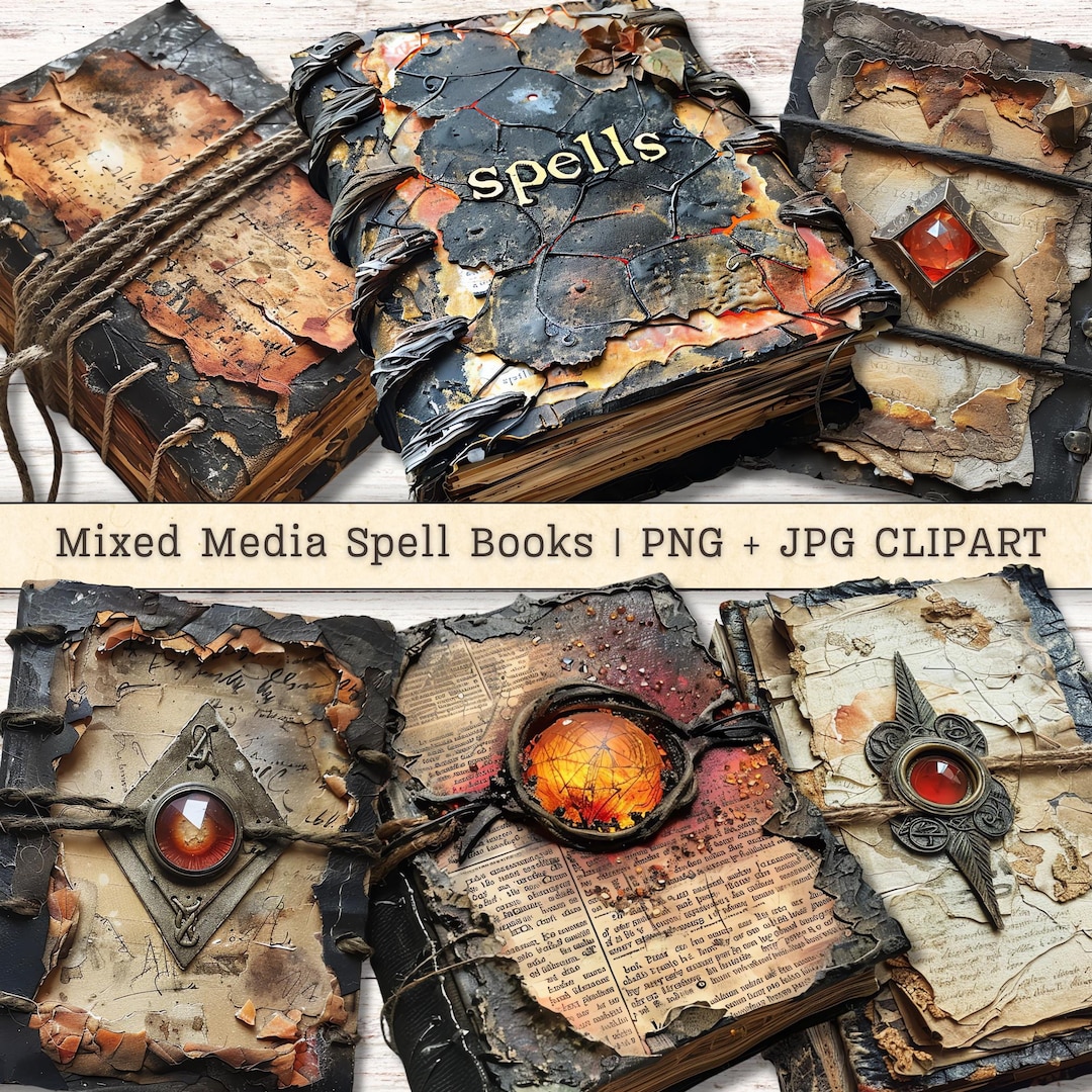 Spell Books Clipart, Mixed Media Halloween Distressed Text PNG JPG ...