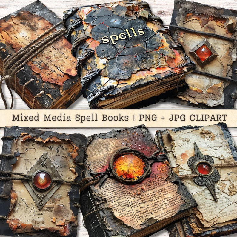 Spell Books Clipart, Mixed Media Halloween Distressed Text PNG JPG ...