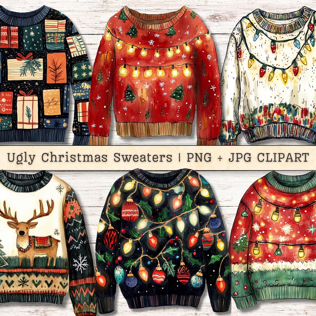 Christmas Ugly Sweaters Clip Art, Vintage Mixed Media Collage ...