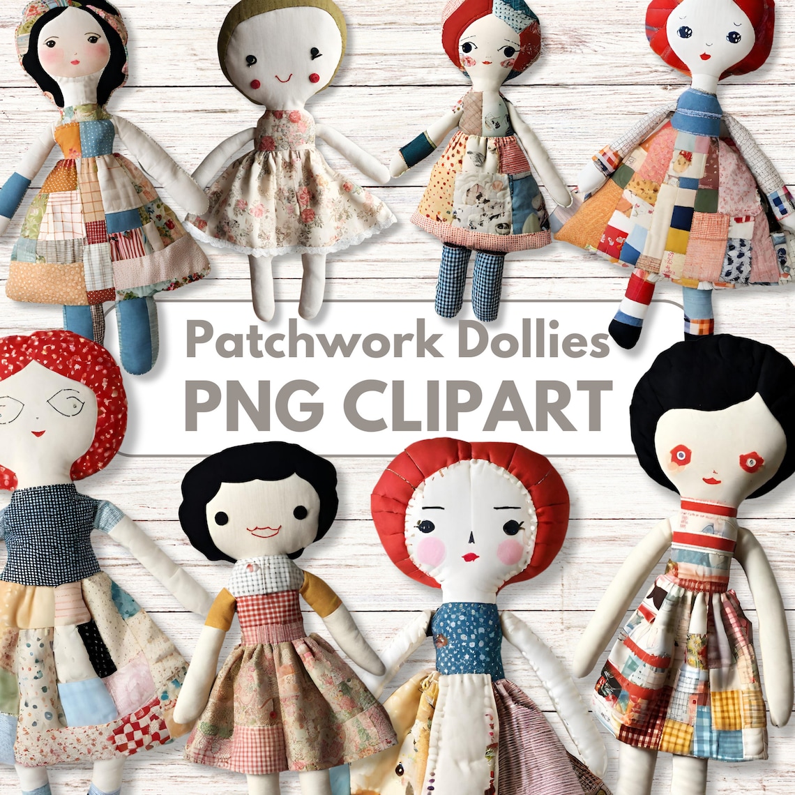 Patchwork Dollies Clipart PNG Digital Downloads Shabby Chic - Etsy