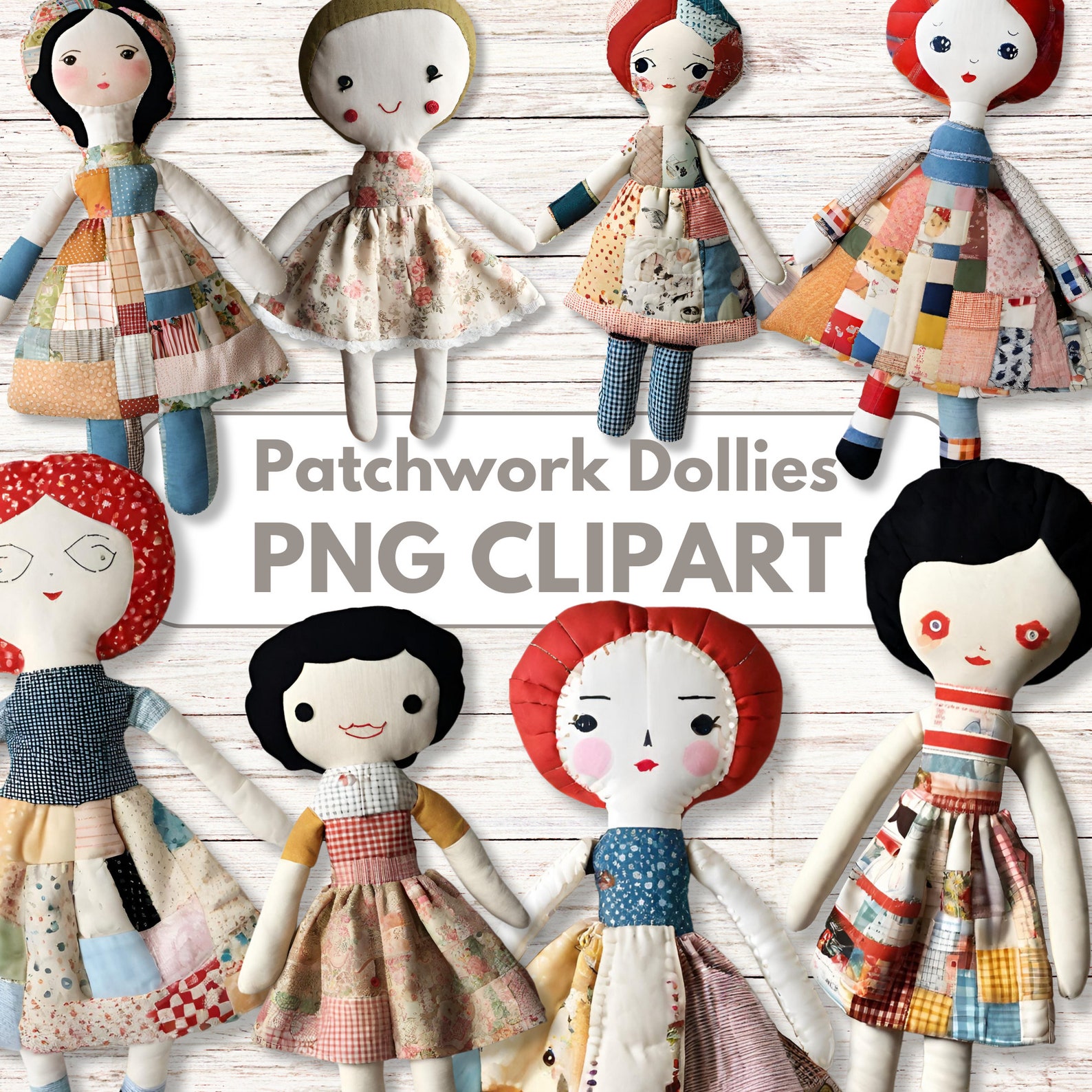 Patchwork Dollies Clipart PNG Digital Downloads Shabby Chic - Etsy