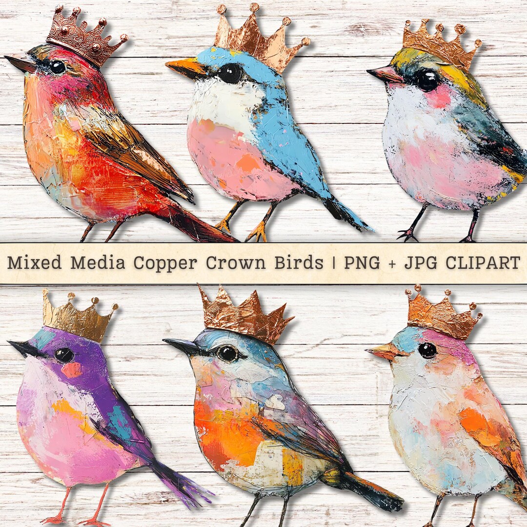 Mixed Media Birds Clipart, Copper Crowns Grunge Texture Distressed PNG ...
