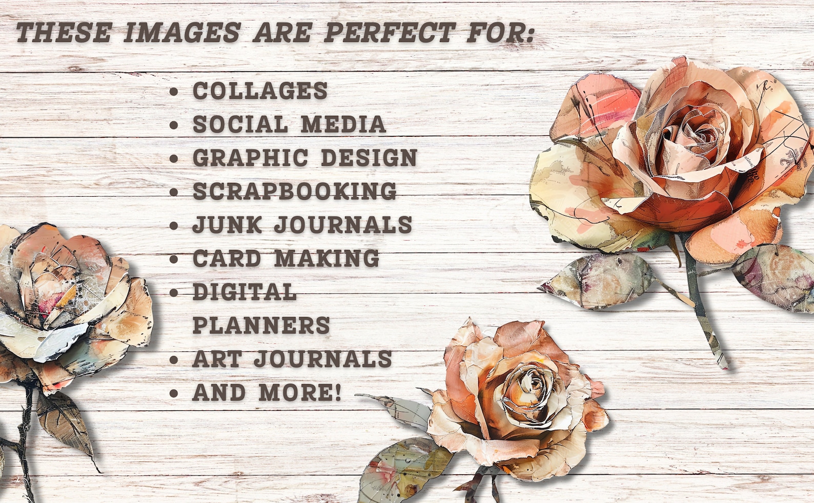 Mixed Media Roses Clipart, Grunge Texture Distressed PNG JPG Instant ...