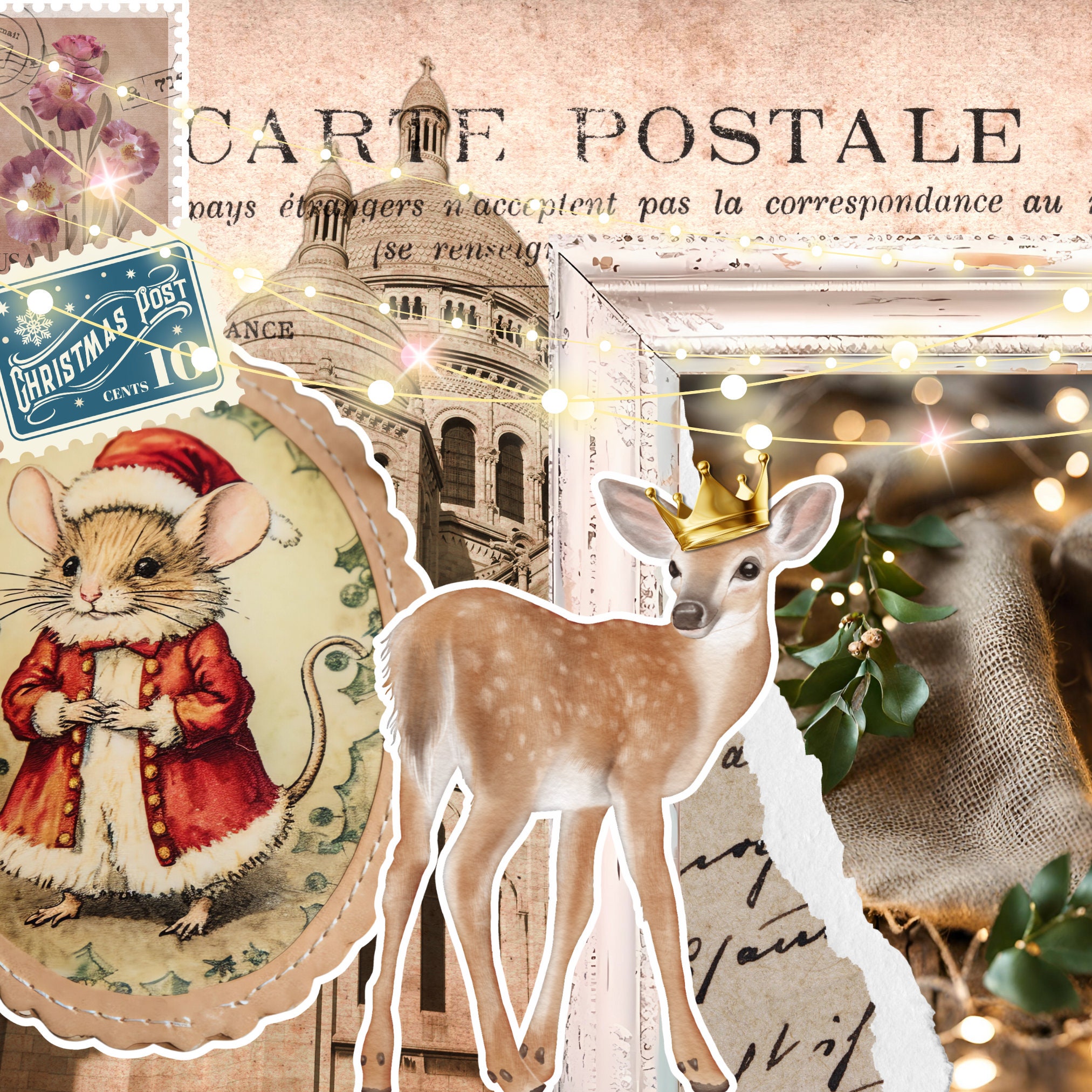 Christmas Clipart, Mice Digital Patches, Antique Animals, Mouse PNG ...