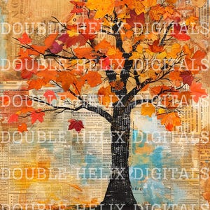 Mixed Media Autumn Trees Fall Clipart Digital Paper, Halloween JPG ...