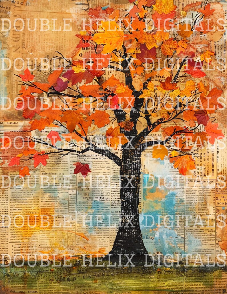 Mixed Media Autumn Trees Fall Clipart Digital Paper, Halloween JPG ...