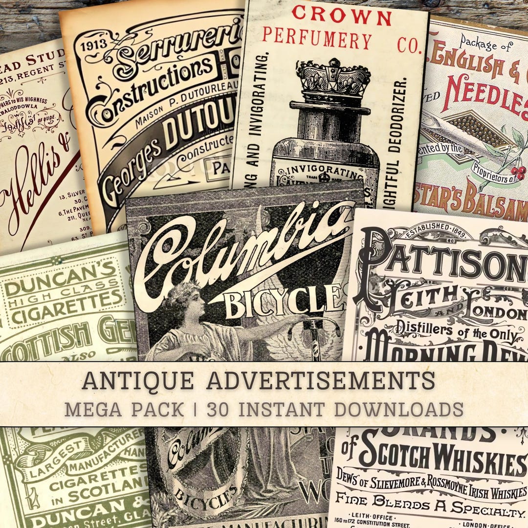 Antique Advertisements Ephemera Digital Paper, Handwriting Printable ...