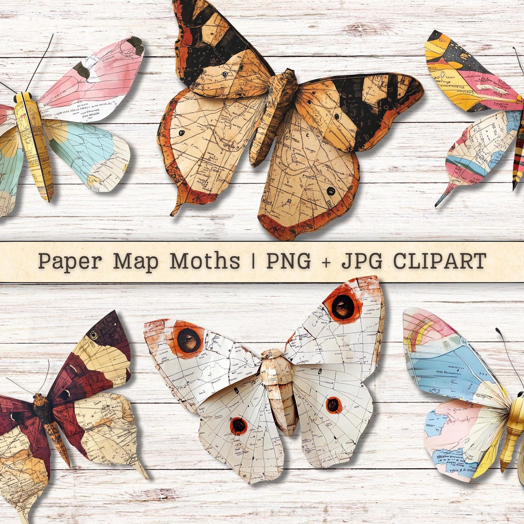 Paper Map Moths Clipart, Mixed Media Wings Antique PNG + JPG Instant ...