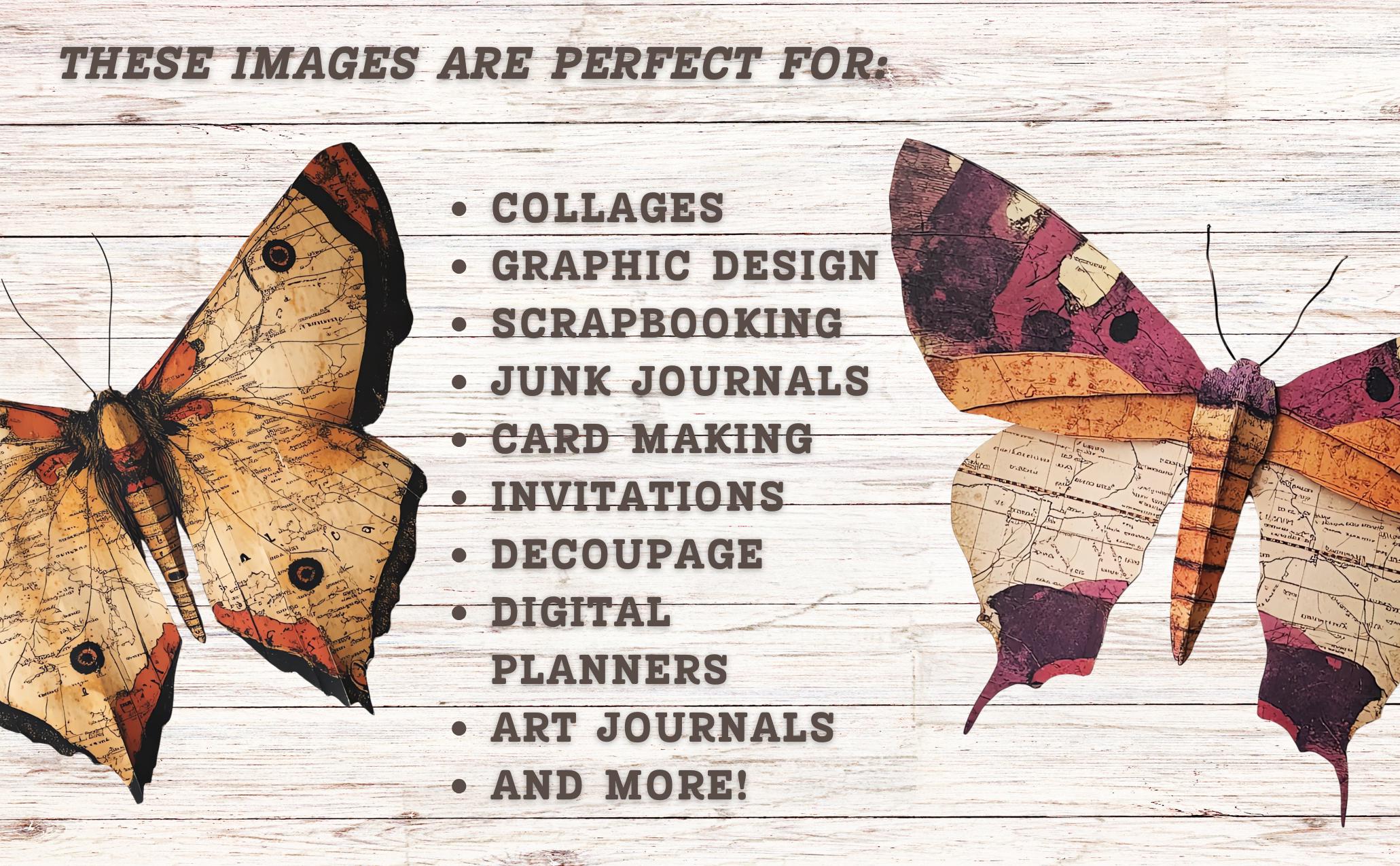 Paper Map Moths Clipart, Mixed Media Wings Antique PNG + JPG Instant ...