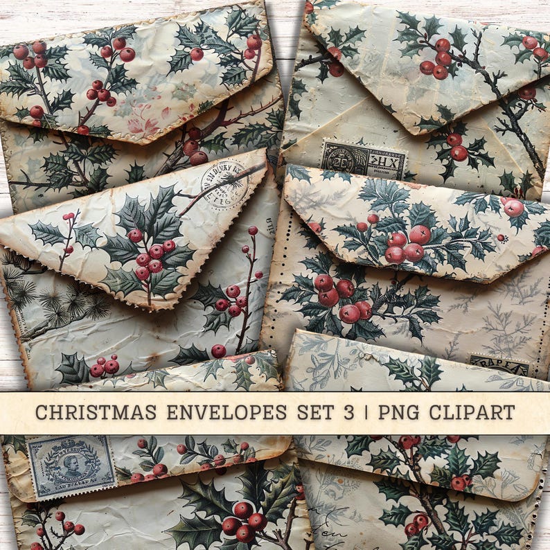Vintage Christmas Envelopes Clip Art, Set 3 Ephemera Digital Download, Junk Journal Supply ...