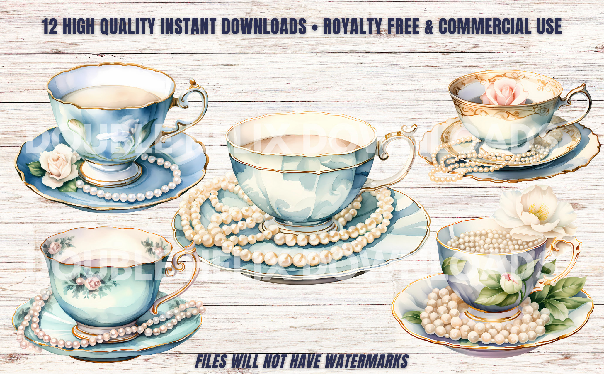 Watercolor Teacups and Pearls Clipart, Vintage, Shabby Chic Teacup ...