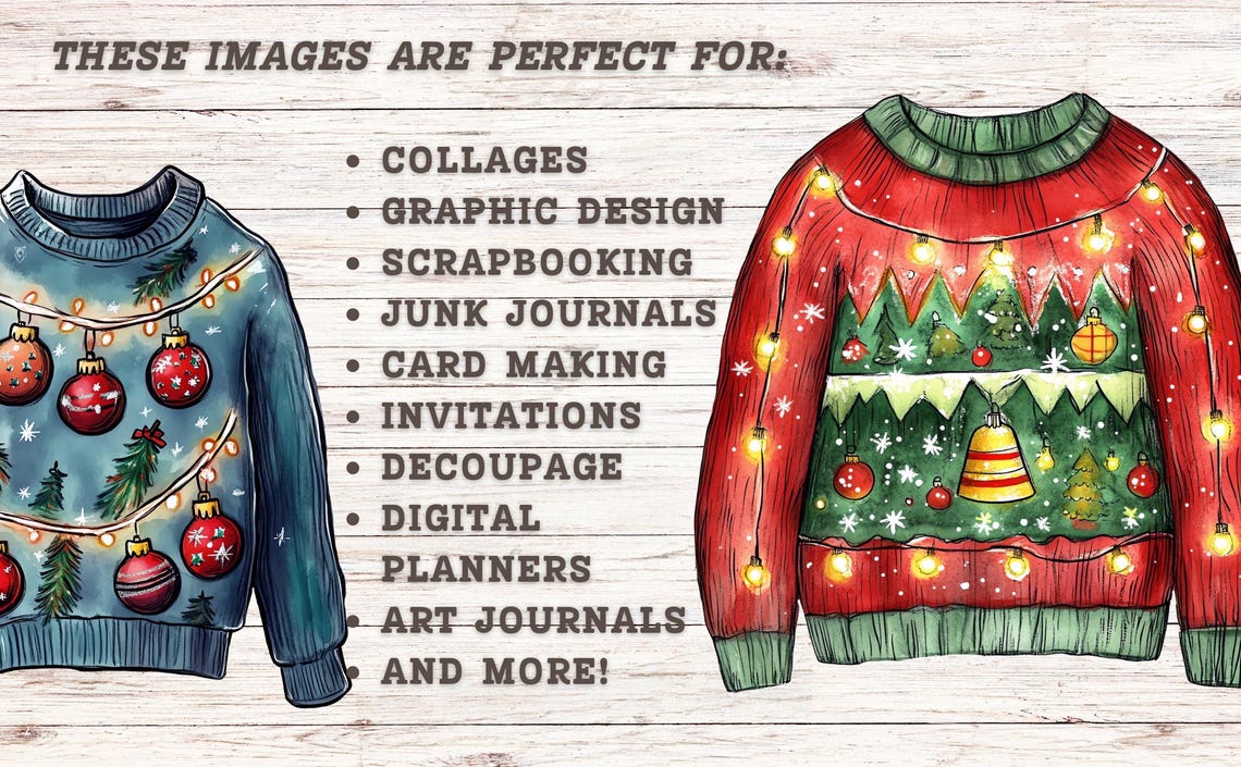 Christmas Ugly Sweaters Clip Art, Vintage Mixed Media Collage ...