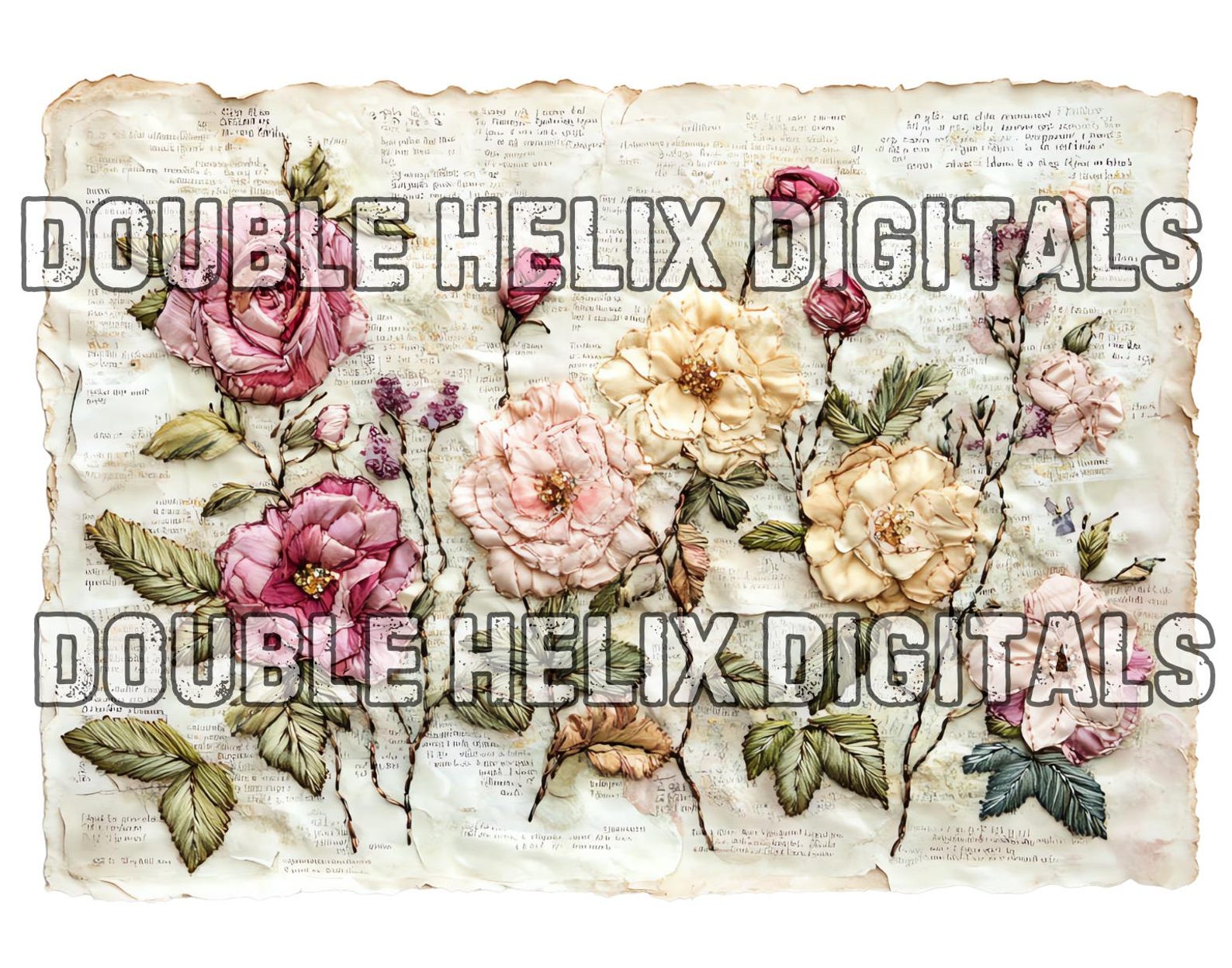Sewn Rose Garden Postcards, Folk Art Embroidery Ribbon Digital Download ...