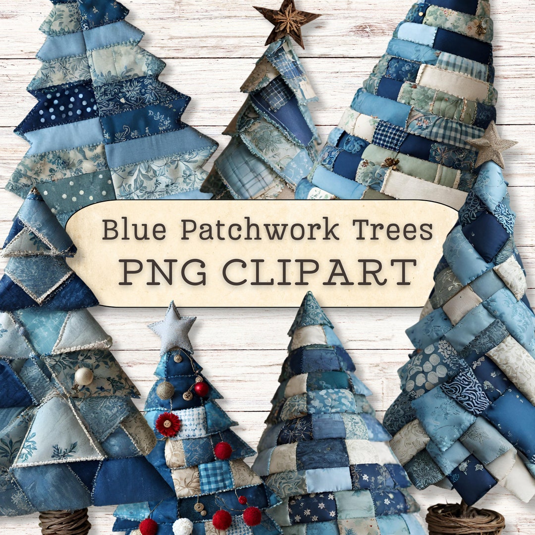 Christmas Clipart, Blue Patchwork Trees, Digital Downloads, Shabby Chic ...