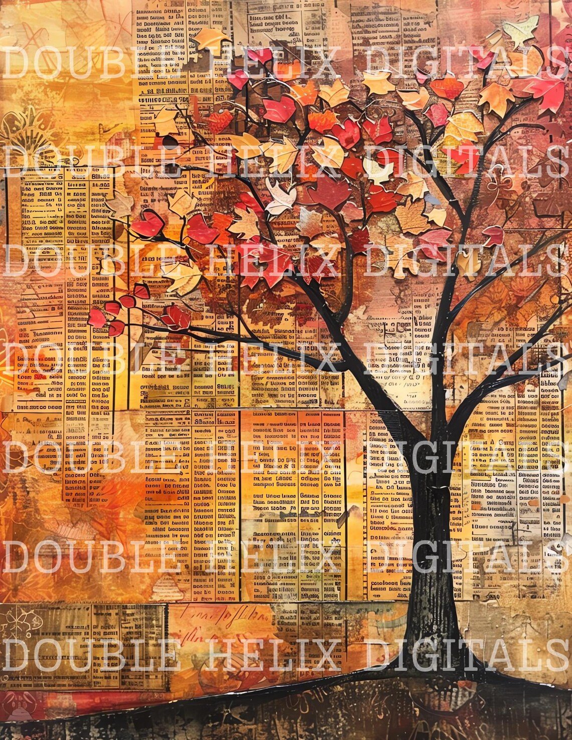 Mixed Media Autumn Trees Fall Clipart Digital Paper, Halloween JPG ...