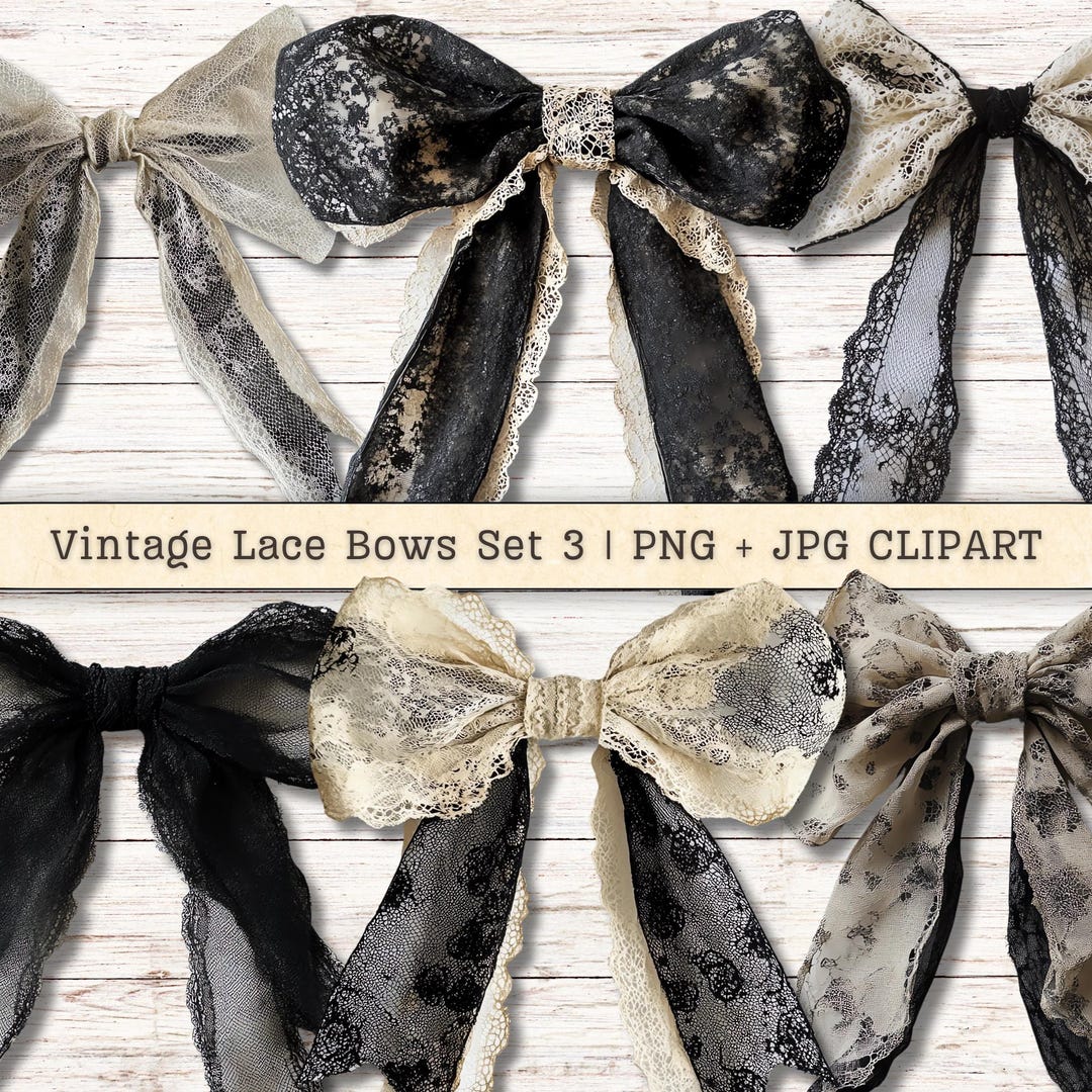 Vintage Lace Bows Clipart, Set 3 PNG + JPG Digital Download, Antique ...