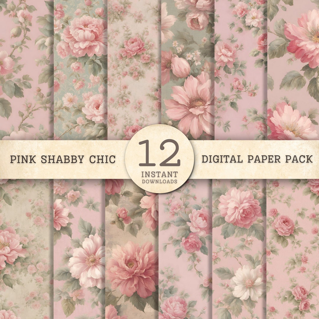 Vintage Digital Paper Pack, Shabby Chic, Pink Roses Scrapbooking Sheets ...