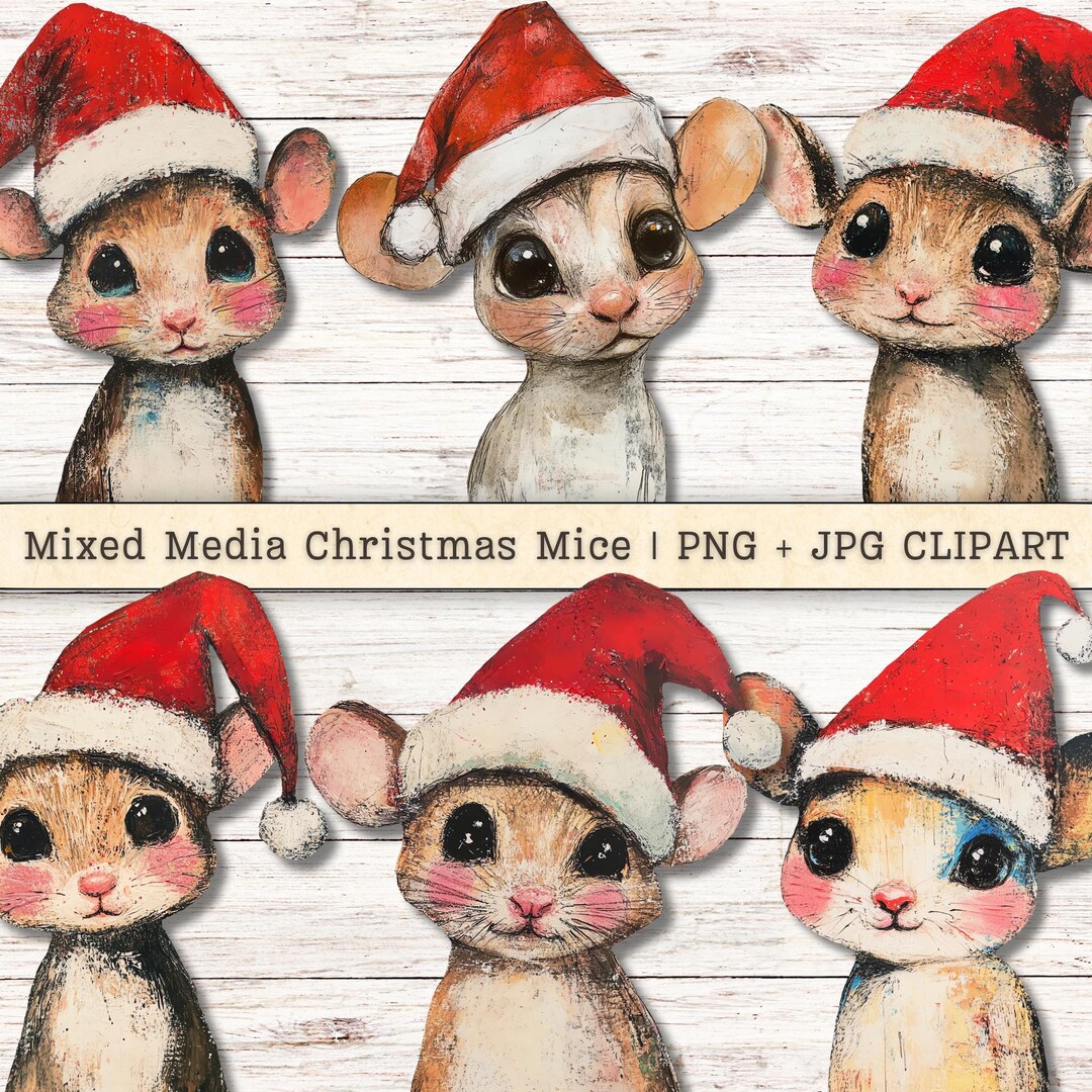 Mixed Media Christmas Mice Clipart, Santa Hats Animals, Grunge Texture ...