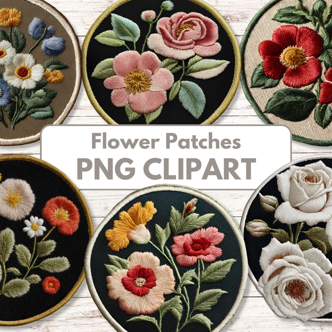 Flower Patches Clipart Embroidery Style Nature Floral PNG - Etsy