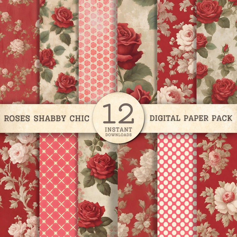 Vintage Digital Paper, Roses Shabby Chic Paper Pack, Red Flowers ...