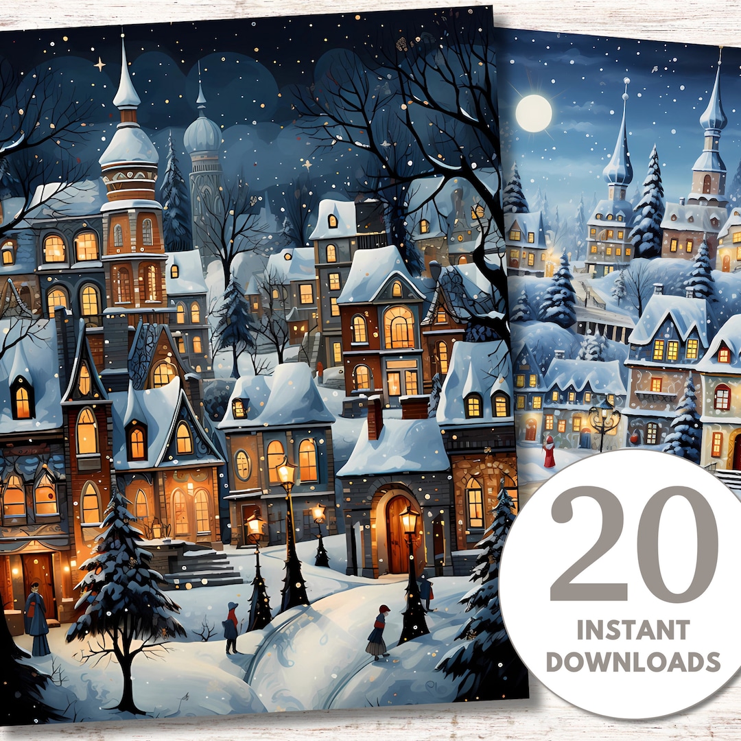 Christmas Villages Digital Paper, Magical Fantasy Backgrounds, Town ...