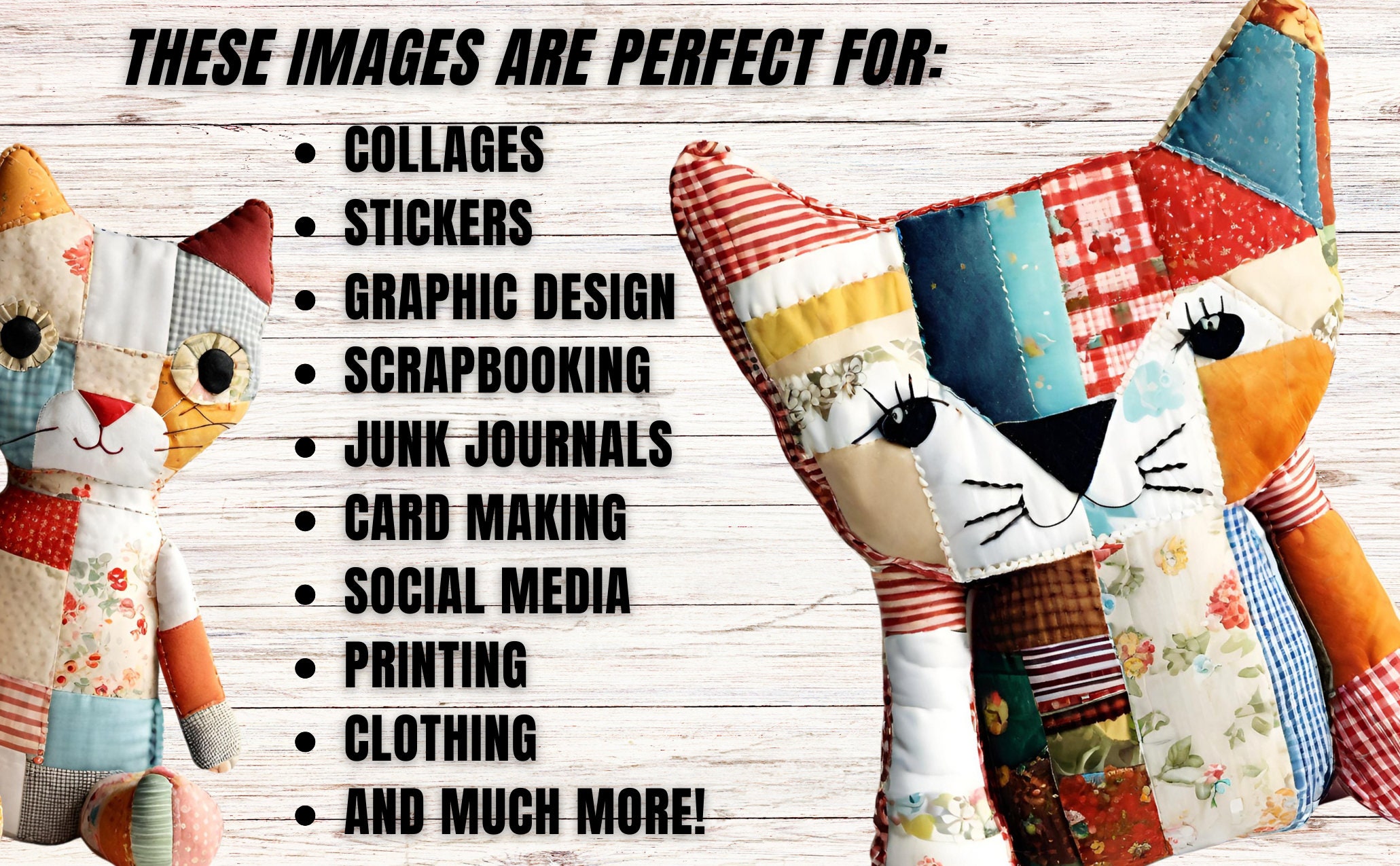 Patchwork Cats Clipart, PNG Digital Downloads, Shabby Chic Vintage ...