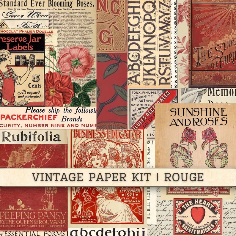 Vintage Paper Kit Rouge Red Digital Download, Printable Collage Sheets ...