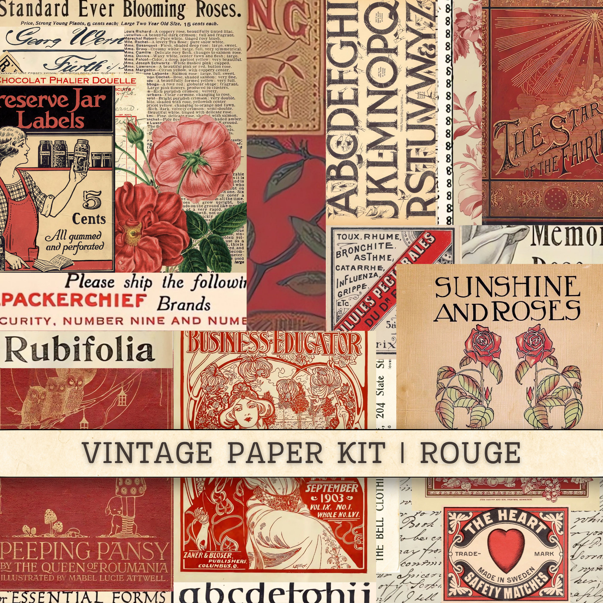 Vintage Paper Kit Rouge Red Digital Download, Printable Collage Sheets ...