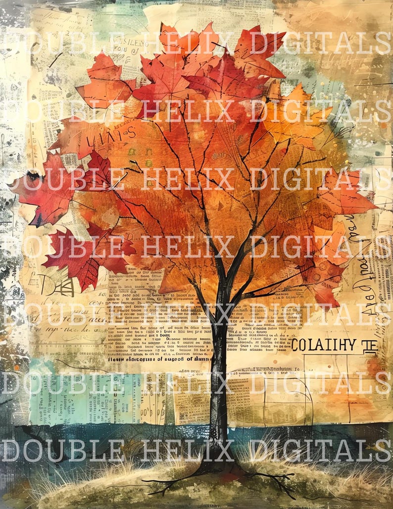 Mixed Media Autumn Trees Fall Clipart Digital Paper, Halloween JPG ...