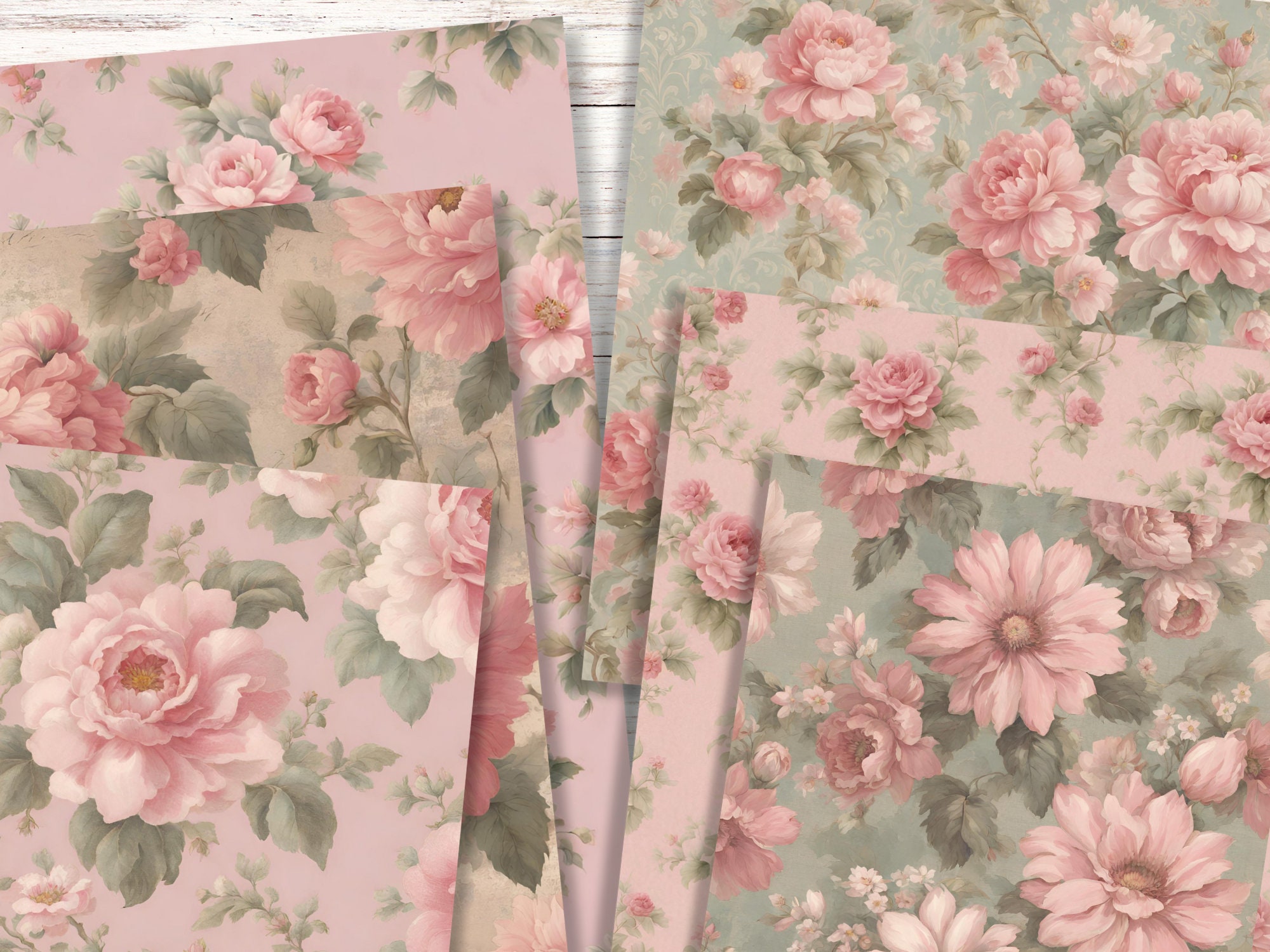 Vintage Digital Paper Pack, Shabby Chic, Pink Roses Scrapbooking Sheets ...