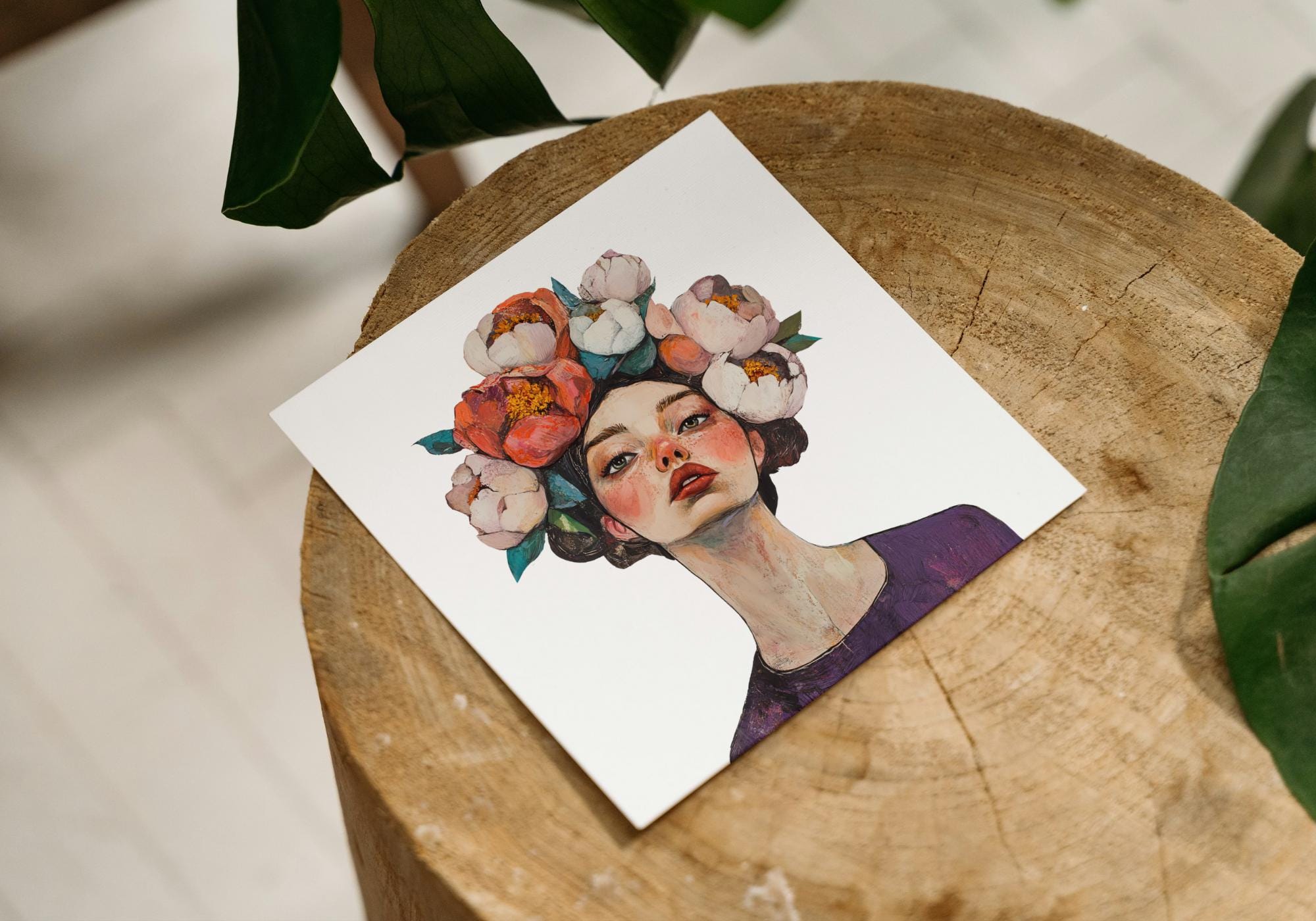 Mixed Media Flower Heads Clipart, Brown Hair Quirky Women Girls, Grunge ...