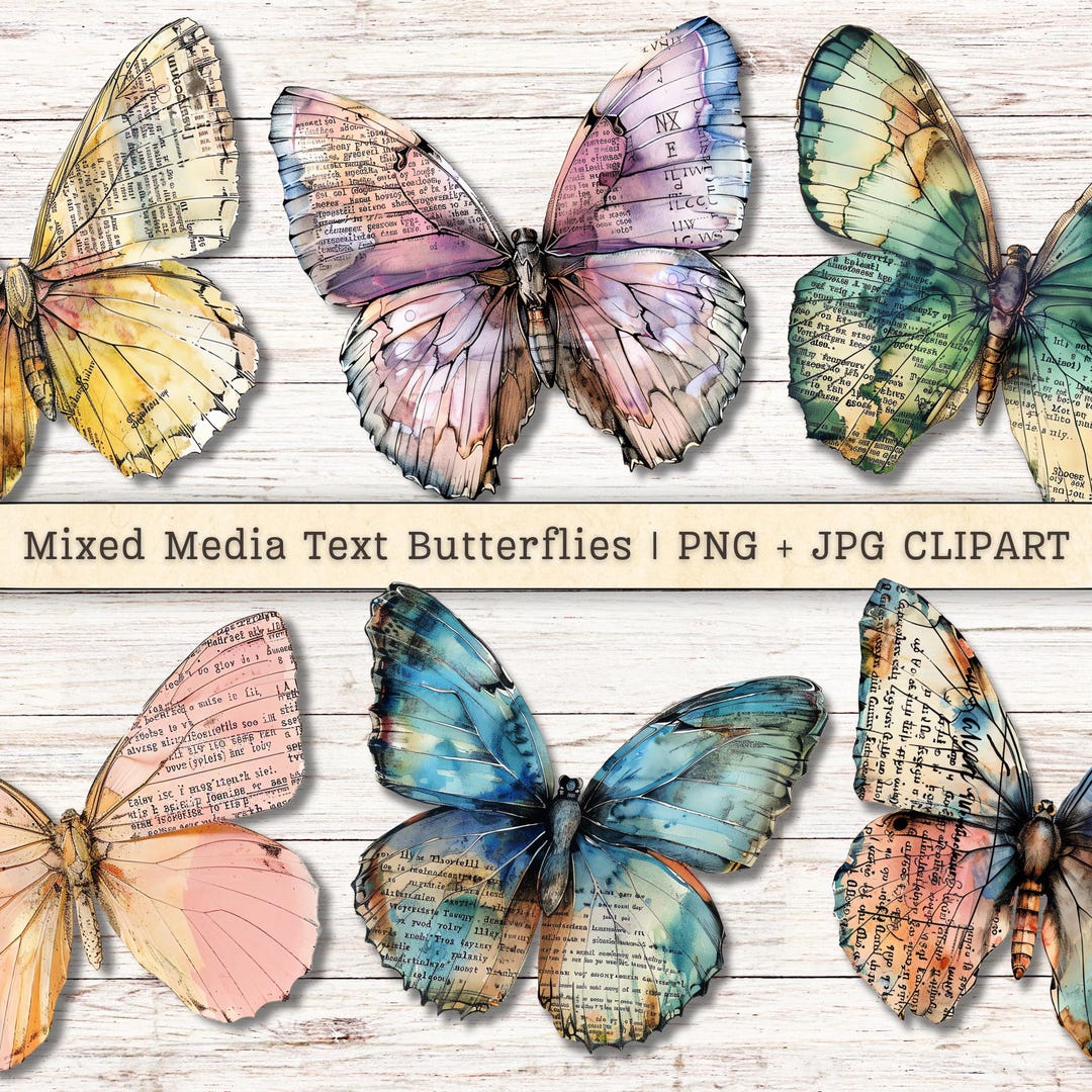 Mixed Media Butterflies Clipart Text Watercolor Grunge Distressed PNG ...