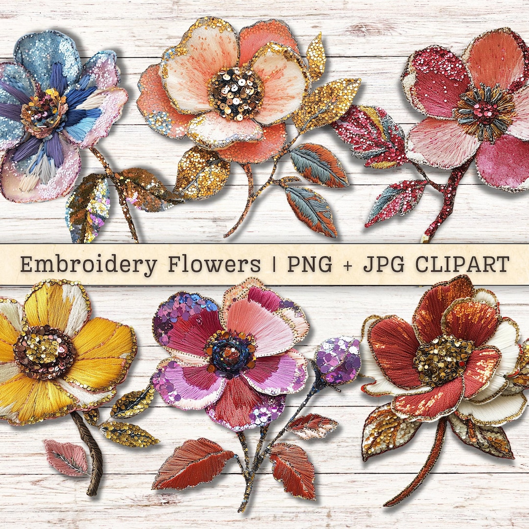 Embroidery Flowers Clipart, Sewn Folk Art Digital Download, Sparkle ...