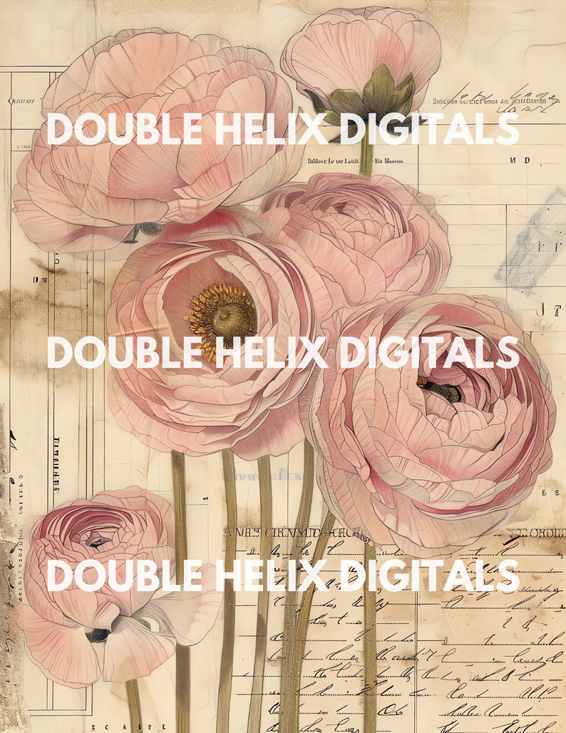 Grunge Ranunculus Sketches Collage Paper, Antique Flowers Clipart ...