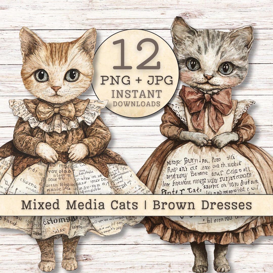 Mixed Media Baroque Cats Clipart, Grunge Texture Distressed PNG + JPG ...