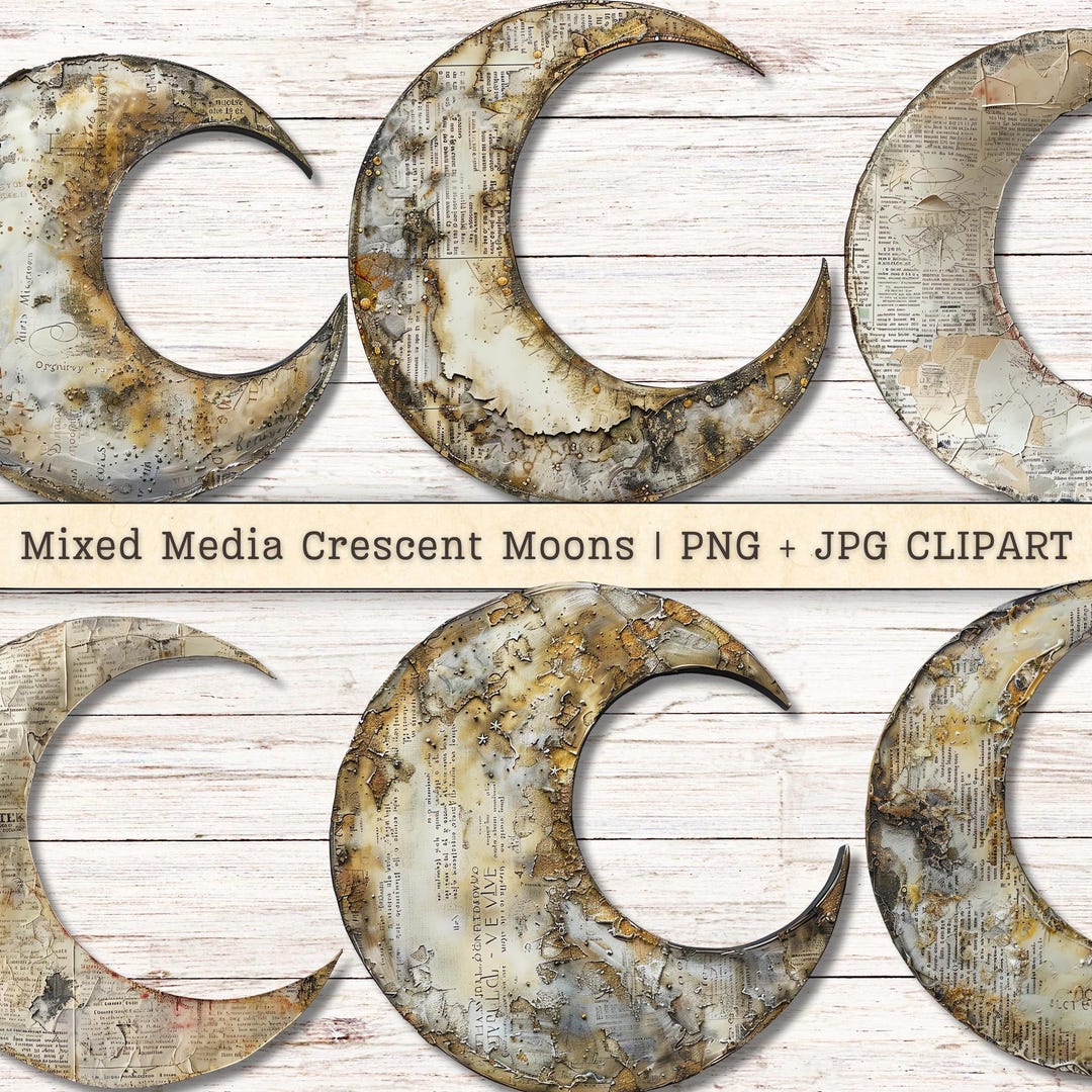 Mixed Media Crescent Moons Clipart, Halloween Text Distressed PNG + JPG ...