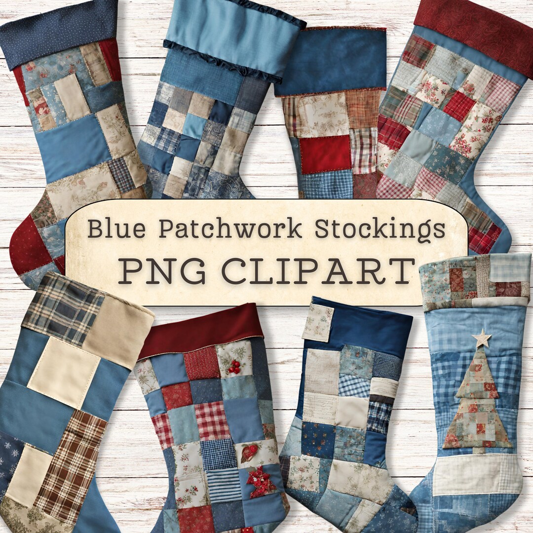 Christmas Clipart, Patchwork Blue Stockings, Digital Downloads, Shabby ...