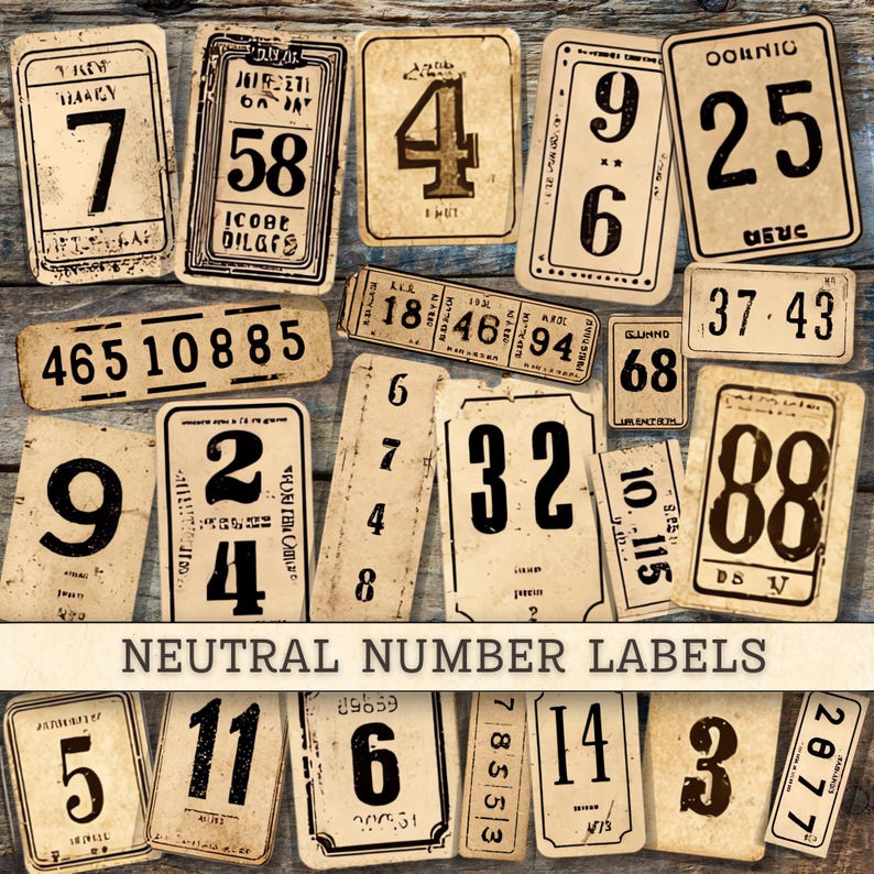 Vintage Neutral Number Labels Clipart, Grungy Ephemera Fussy Cuts, JPG ...