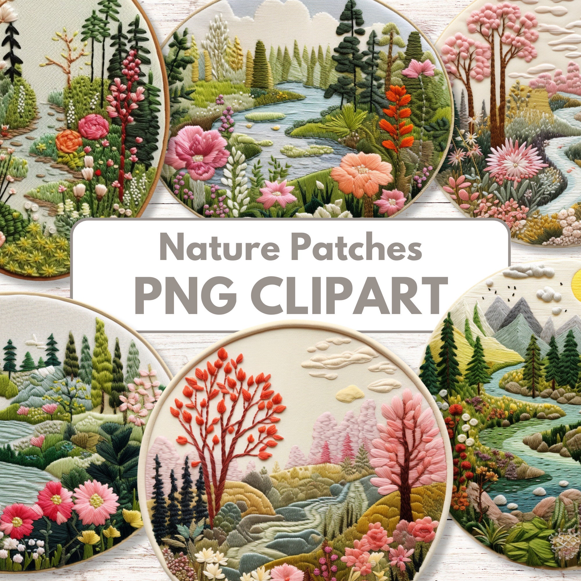 Nature Clipart Digital Embroidery Patches Trees Mountains - Etsy