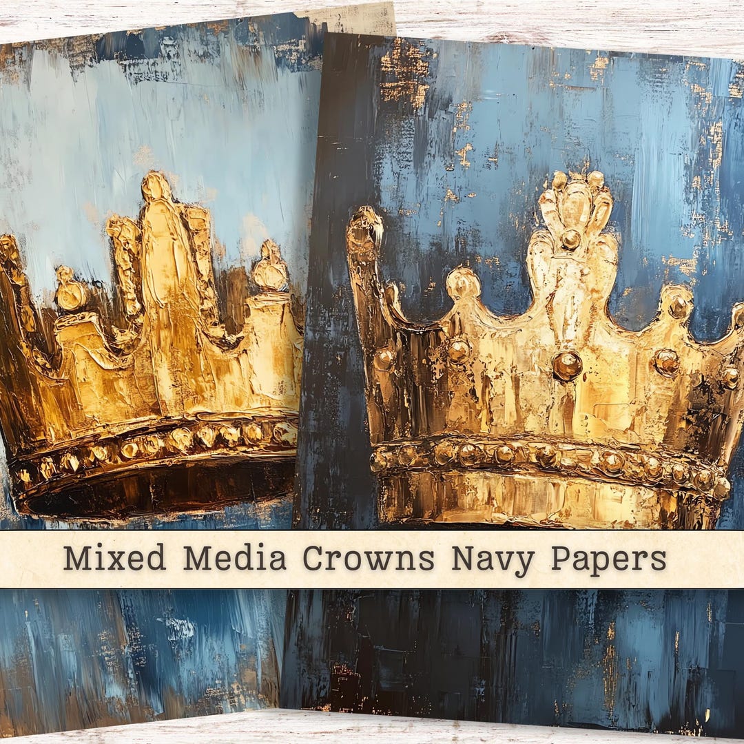 Mixed Media Crowns Digital Paper Clipart, Gold Navy Blue Grunge Instant ...