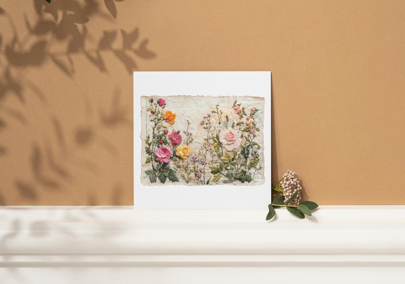 Sewn Rose Garden Postcards, Folk Art Embroidery Ribbon Digital Download ...