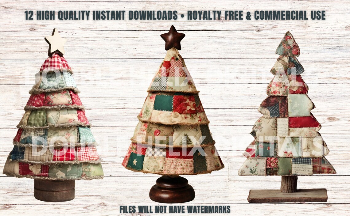 Christmas Clipart, Patchwork Trees, PNG Digital Downloads, Shabby Chic ...