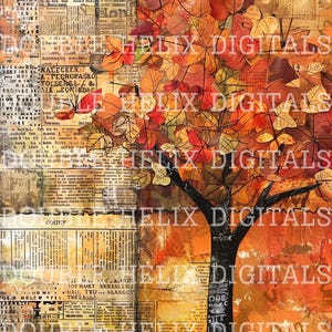 Mixed Media Autumn Trees Fall Clipart Digital Paper, Halloween JPG ...