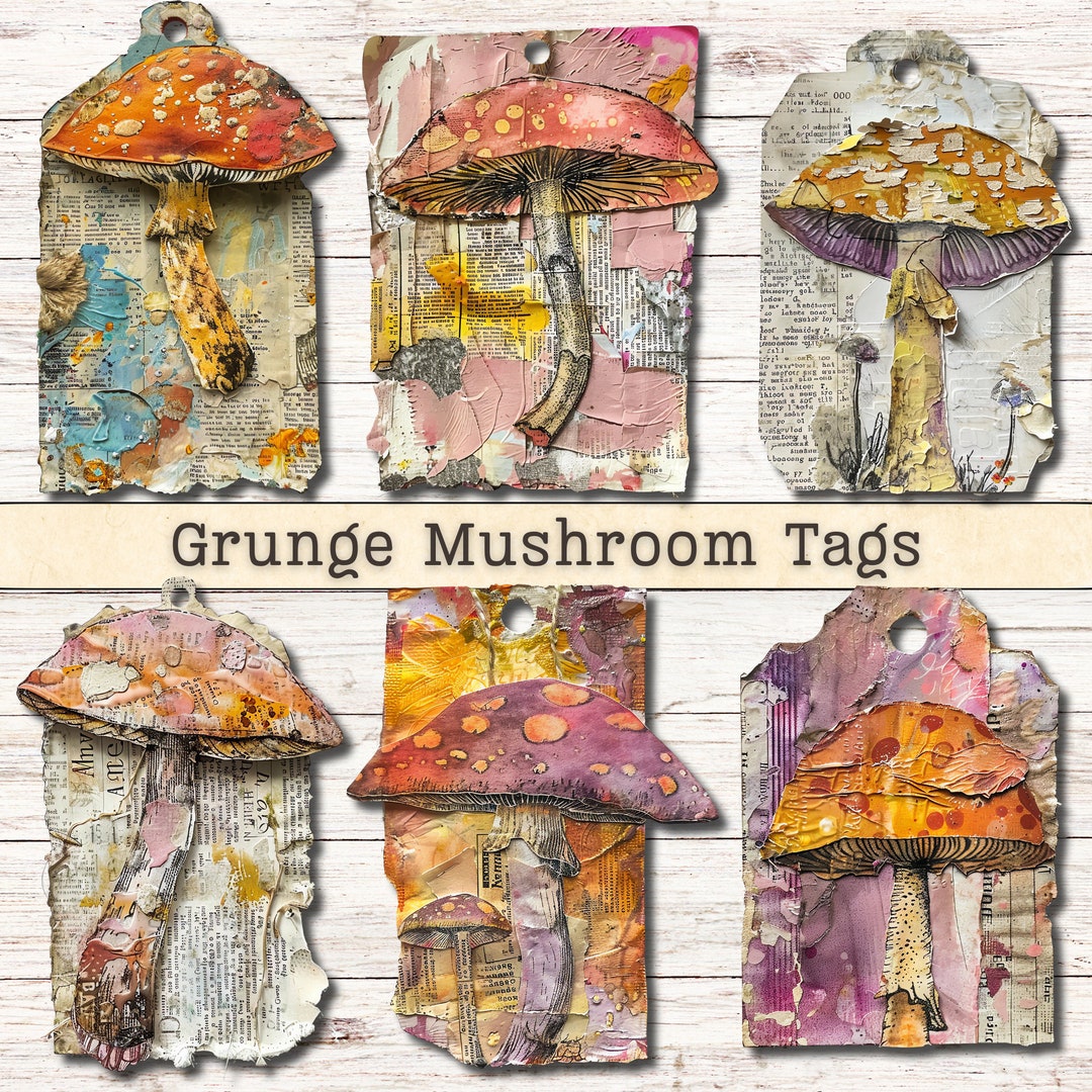 Grunge Mixed Media Mushroom Tags Clipart, Text Distressed PNG + JPG ...