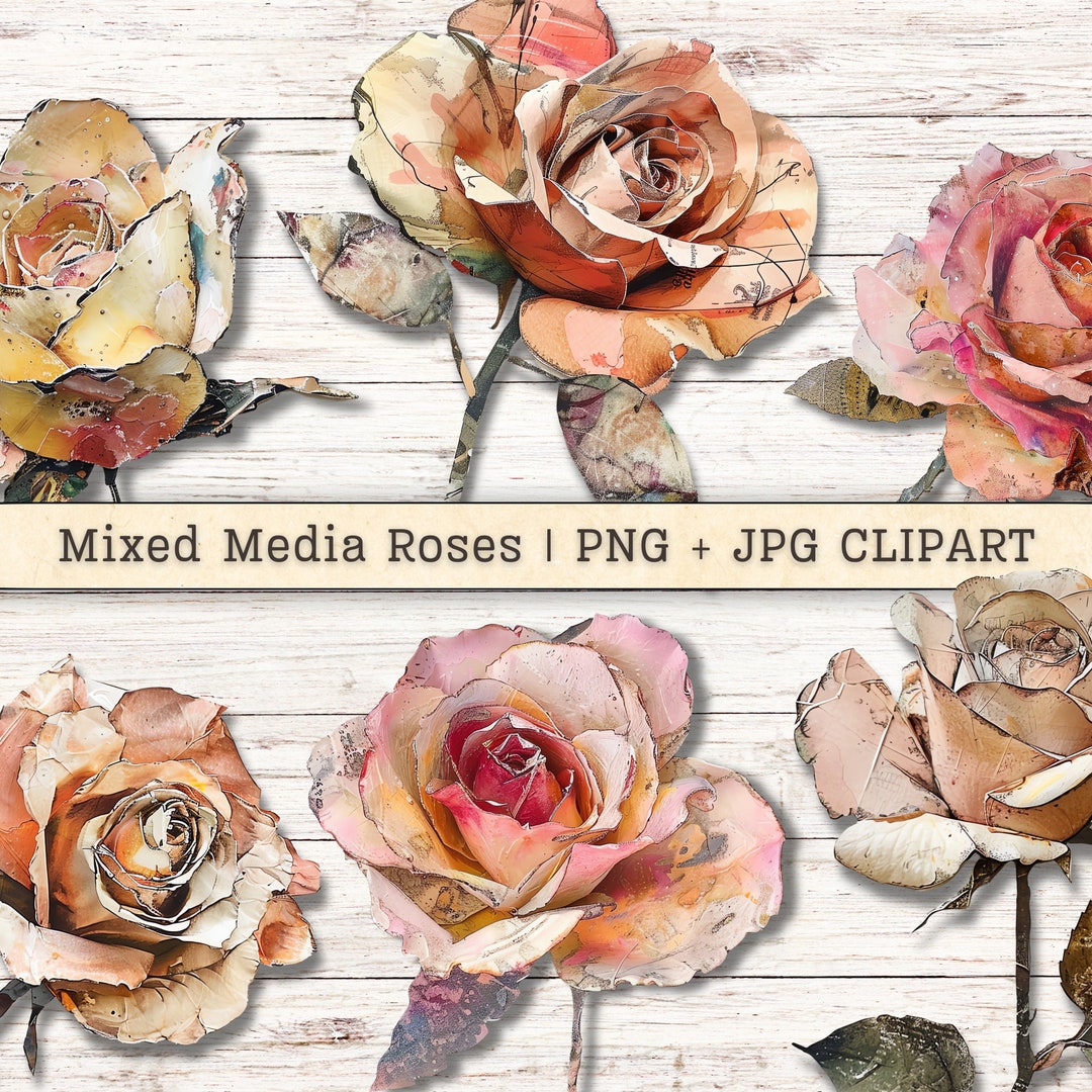 Mixed Media Roses Clipart, Grunge Texture Distressed PNG + JPG Instant ...
